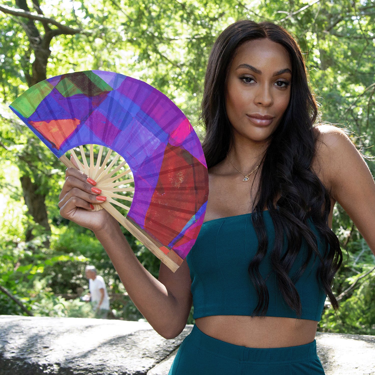 Lily-Lark bamboo hand fan in PRISMATIKA print