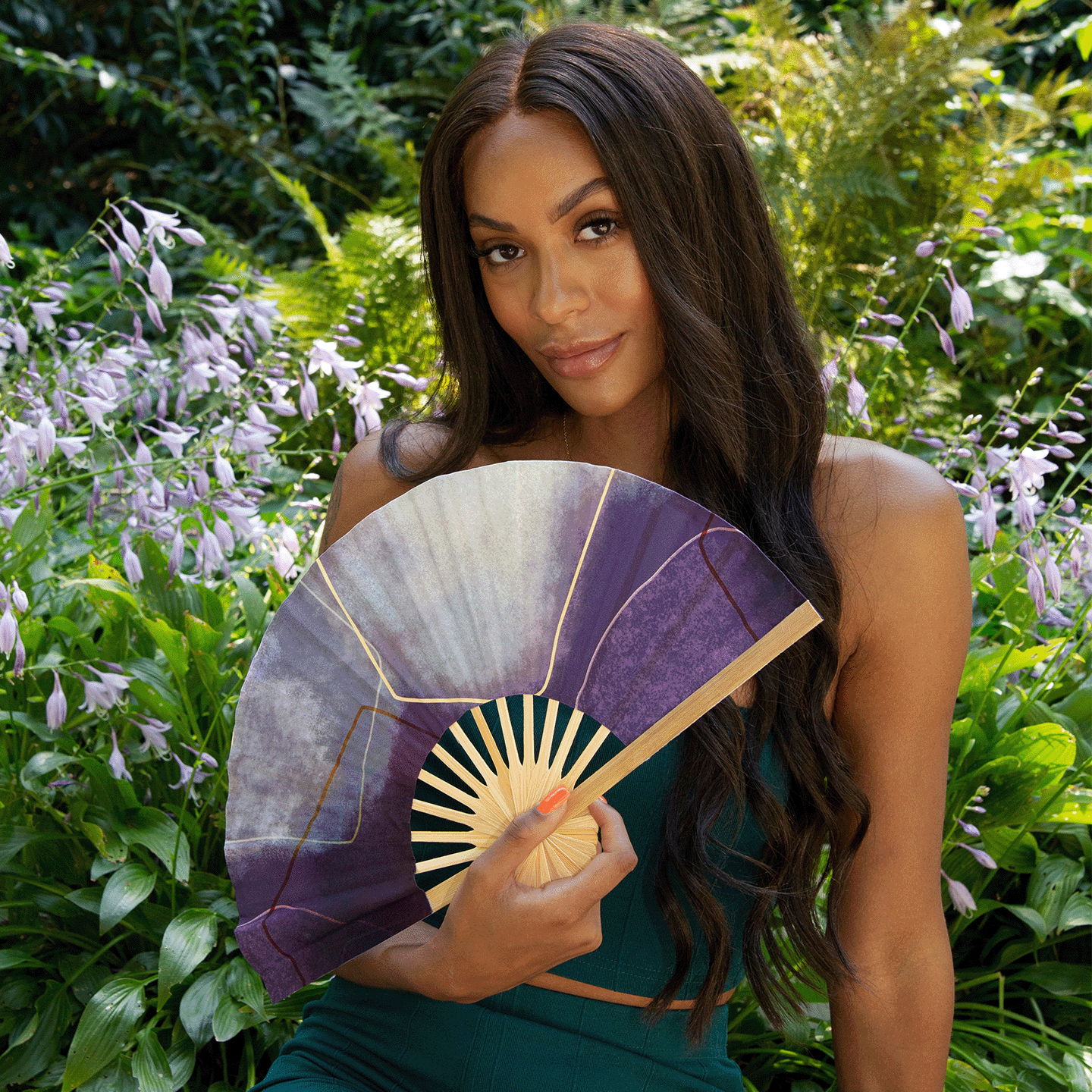 Lily-Lark bamboo hand fan in AUBERGINE print